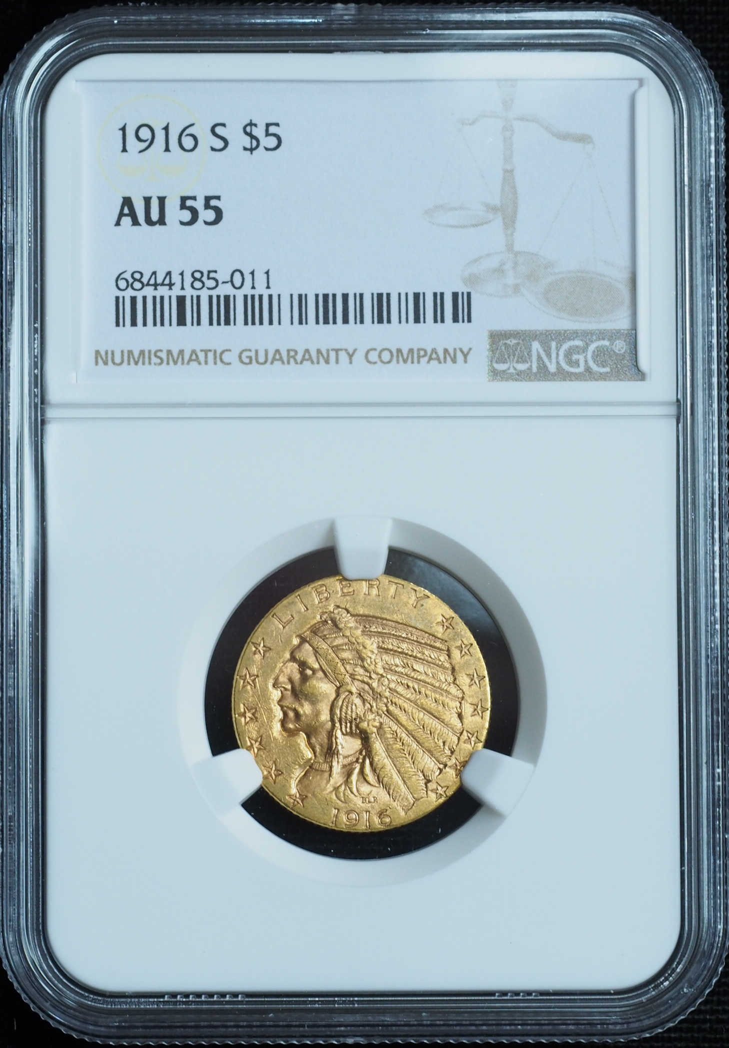 Buy 1916-S $5 Gold Half Eagle Indian Head AU55 NGC Online | Arnold Jewelers