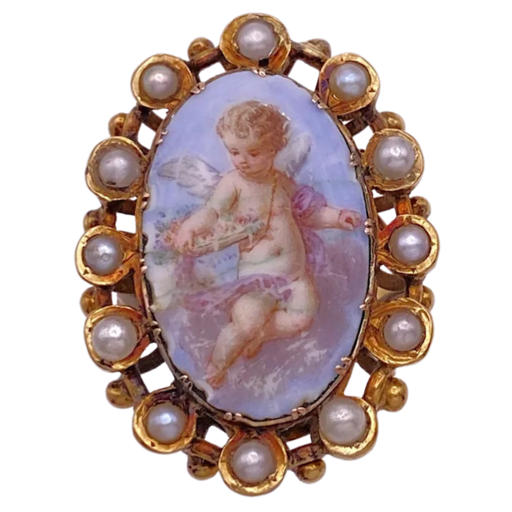 Buy Georgian Miniature Painting Cherub Putti Pearl Halo Ring 18K Online ...